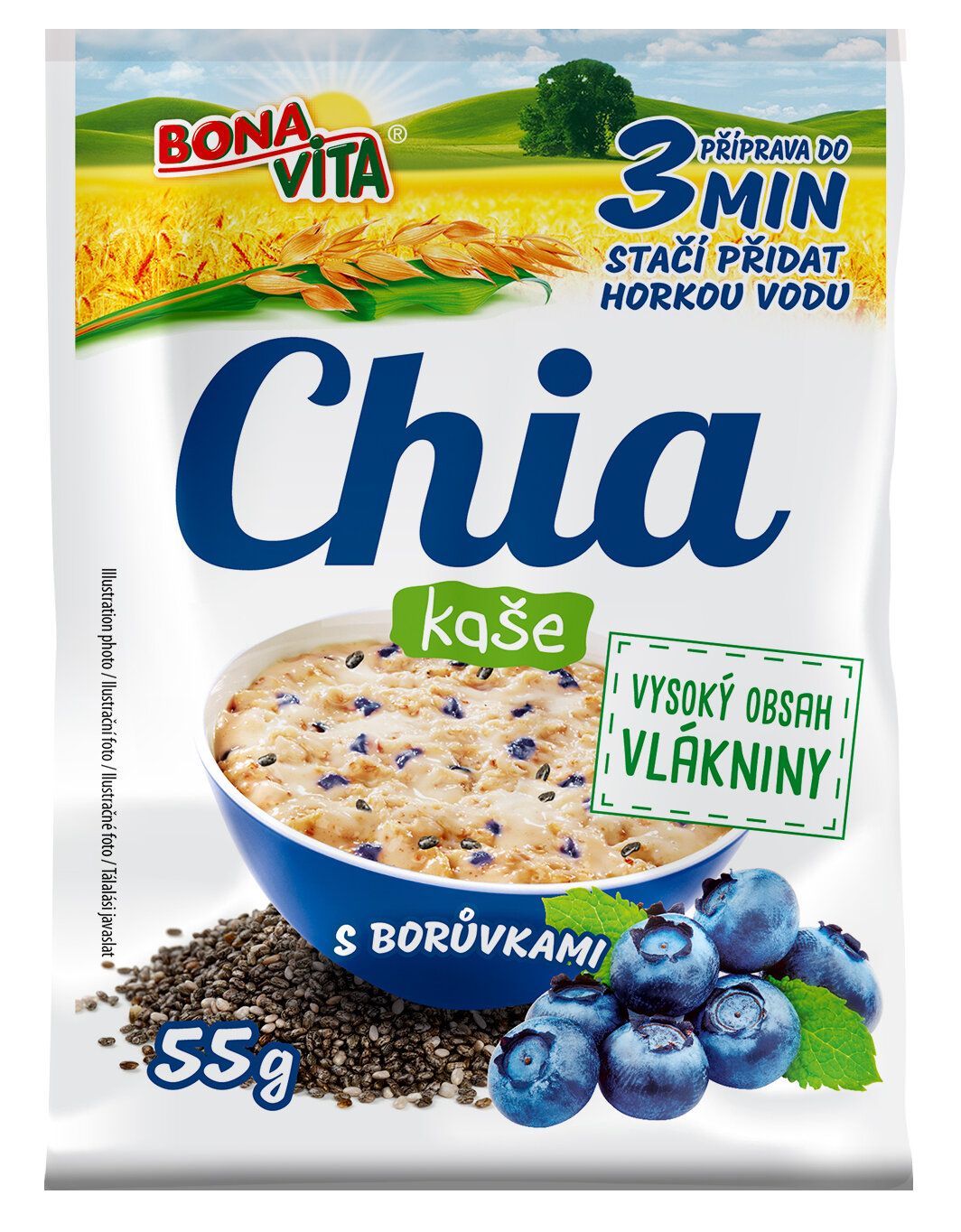 BONAVITA SLOVENSKO - Ovsené kaše - Chia kaša s čučoriedkami 55g cena za 1 kartón (20 kusov)